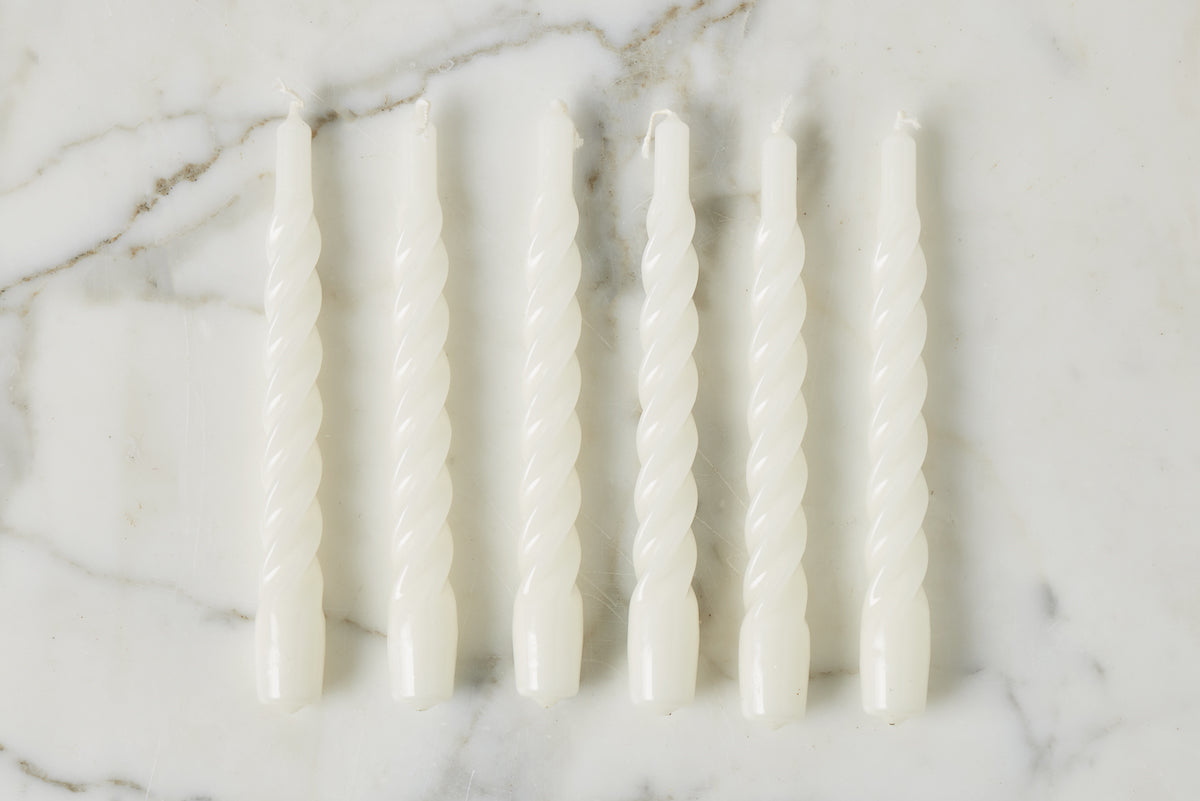 Lacquered Twisted Taper Candles, White, Set of 6 — etúHOME